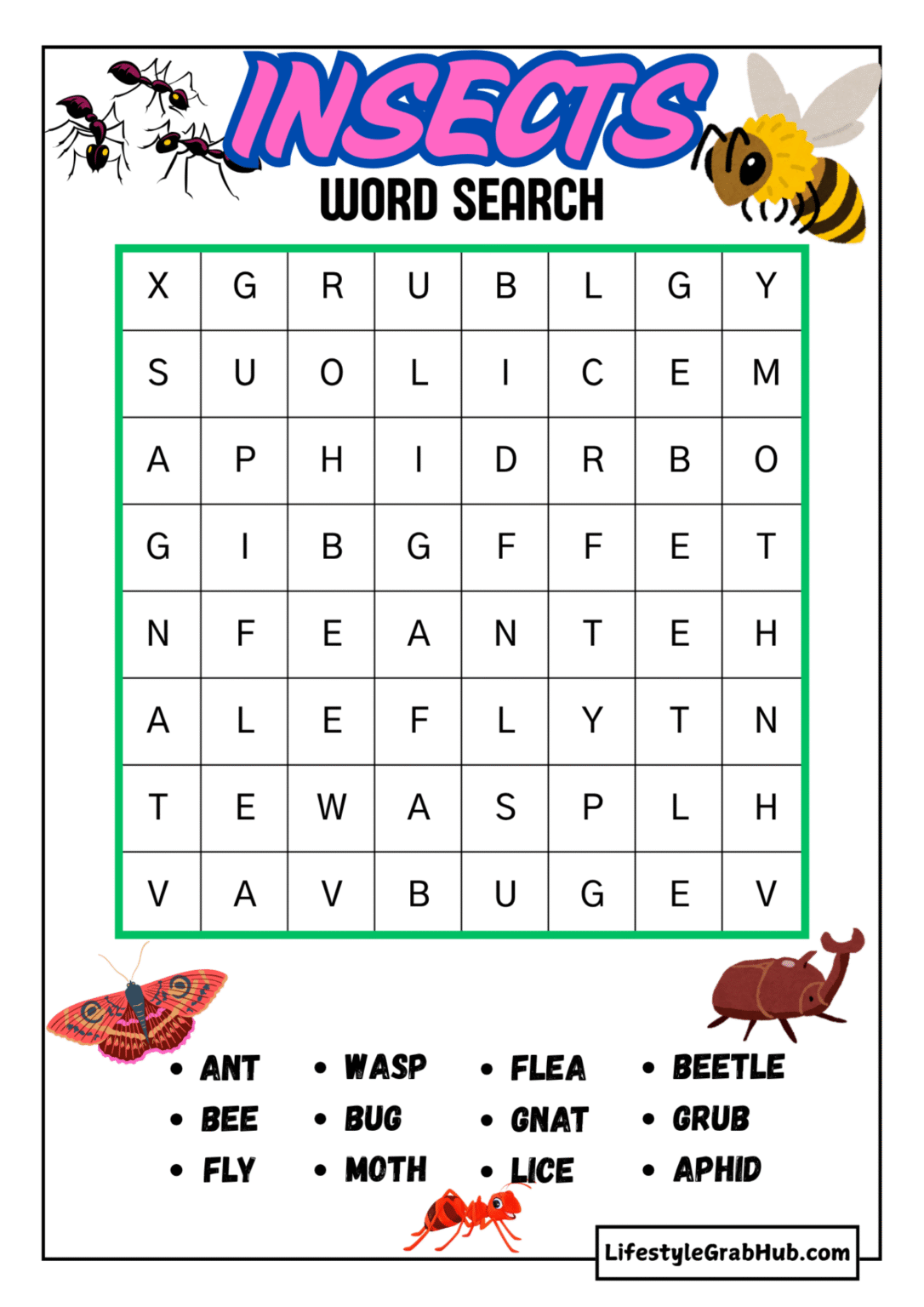 6 Free Printable Insects Word Search with Answer Keys
